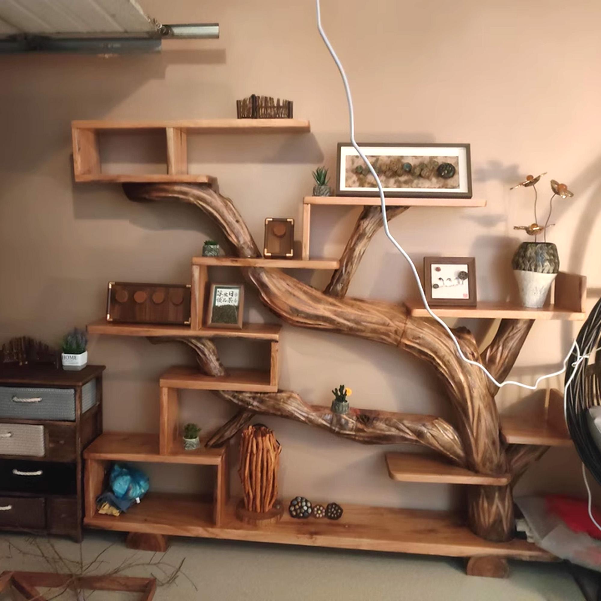 Solid Wood Floating Tree Bookcase Wall Mount Book Shelf Rustic Wood ...