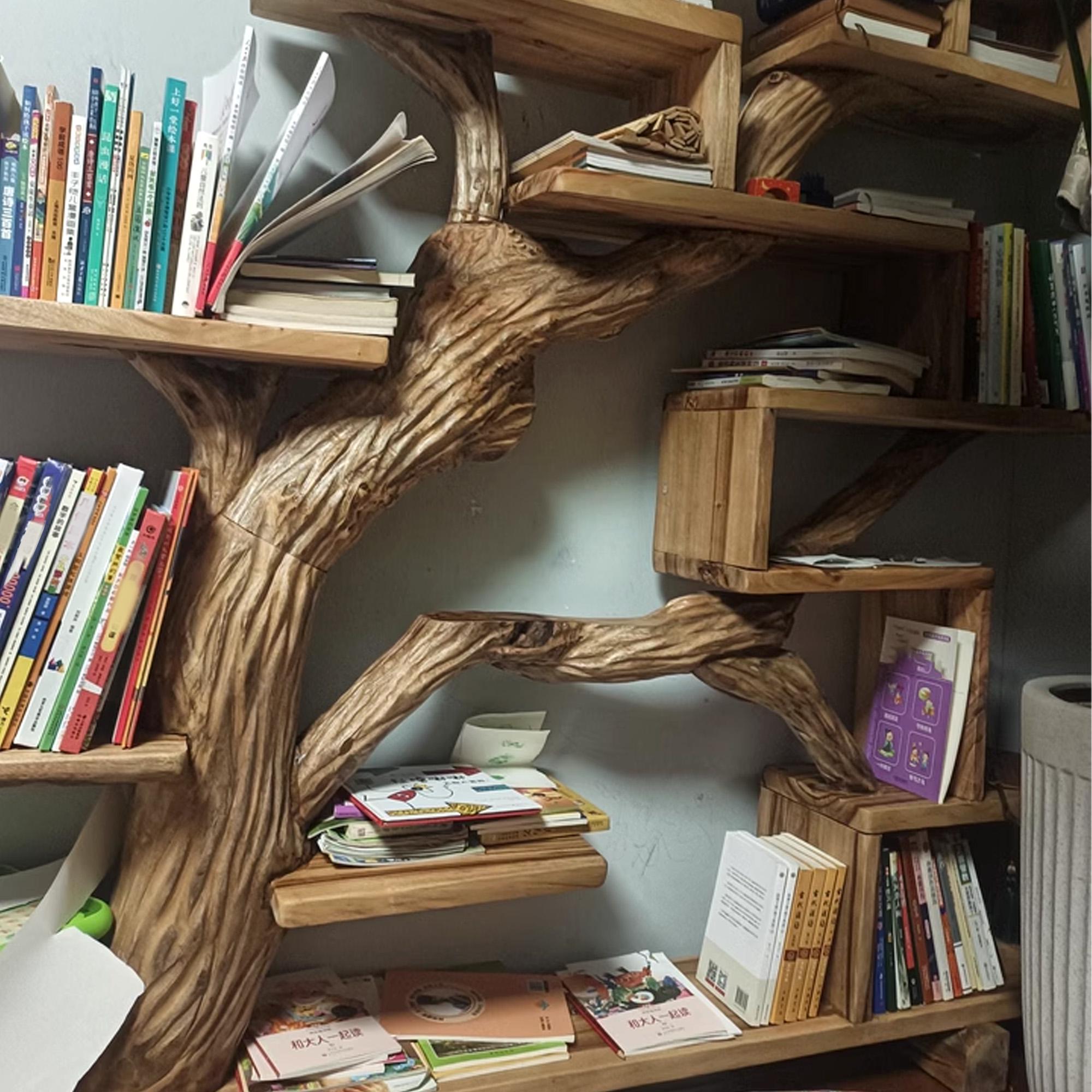 Solid Wood Floating Tree Bookcase Wall Mount Book Shelf Rustic Wood ...