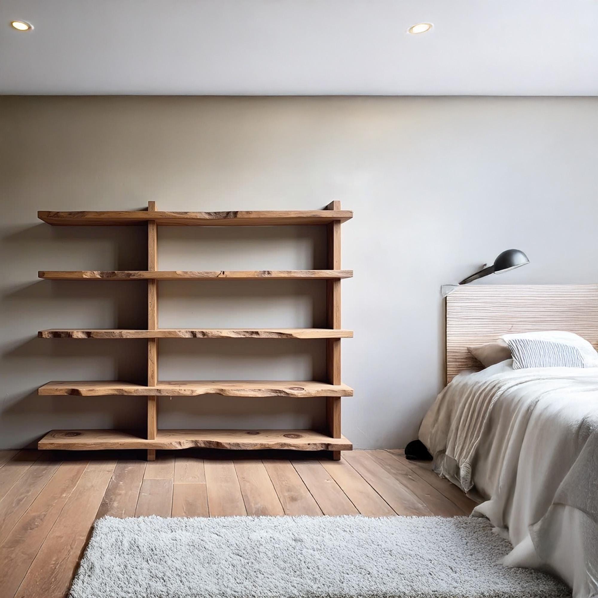 Live Edge Wood Shelf Floor Bookcase Solid Wood Bookshelf Mid Century ...