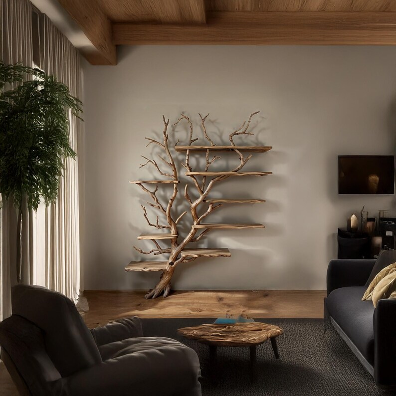 Driftwood Branch Bookcase Art Solid Wood Floor Bookshelf Tree Floating ...