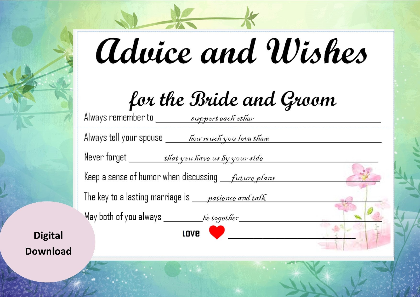 Printable Advice Cards for Bride and Groom Perfect for a Wedding and ...