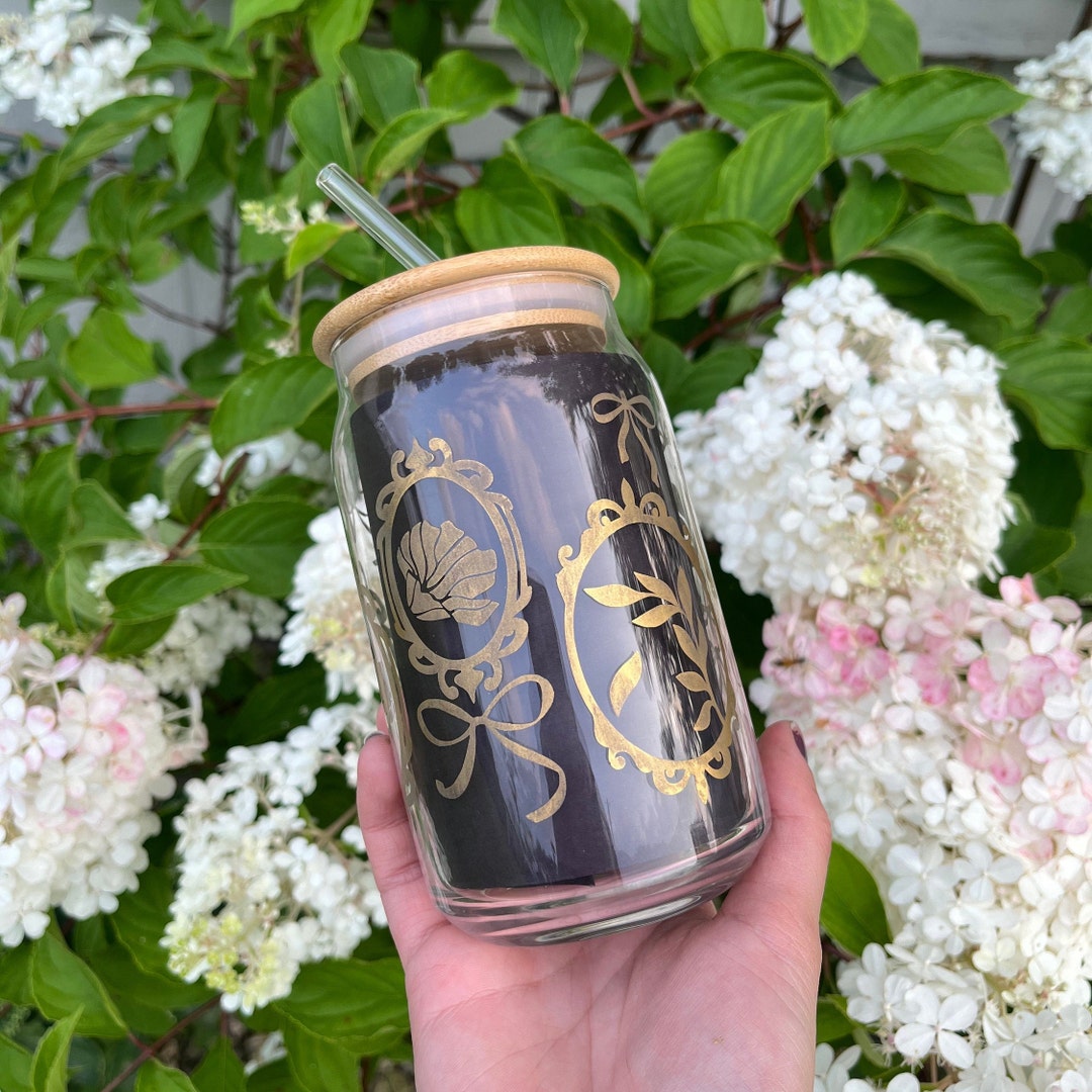Vintage Frames and Bows Engraved Glass Cup With Lid and Straw - Etsy