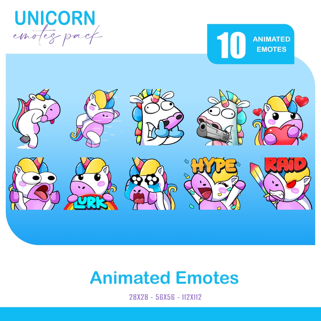 10 Unicorn Pack Animated Emotes, Moonwalk, Hype Unicorn Animated Twitch ...