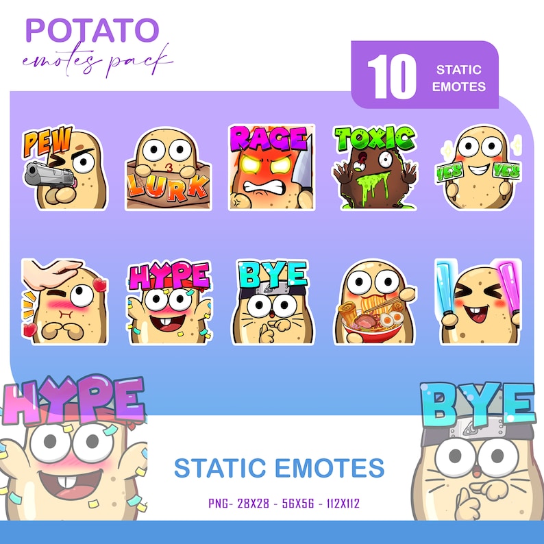 10 Potato Pack Emotes, Hi, Bye Static Potato Twitch Discord Youtube ...