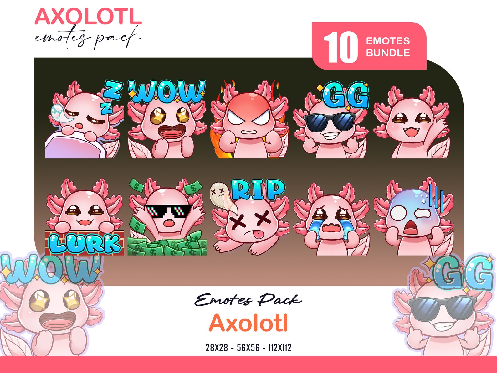 10 Cute Axolotl Pack Emotes Bundle, Static Axolotl Static Twitch ...