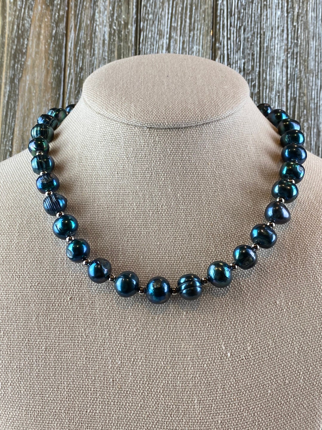 Large REAL Pearl Necklace, Authentic Pearl Spruce Colored and Silver ...