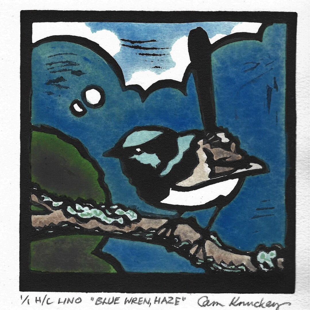Blue Wren Haze, Original Linocut, Watercolour, Handcoloured Linocut ...