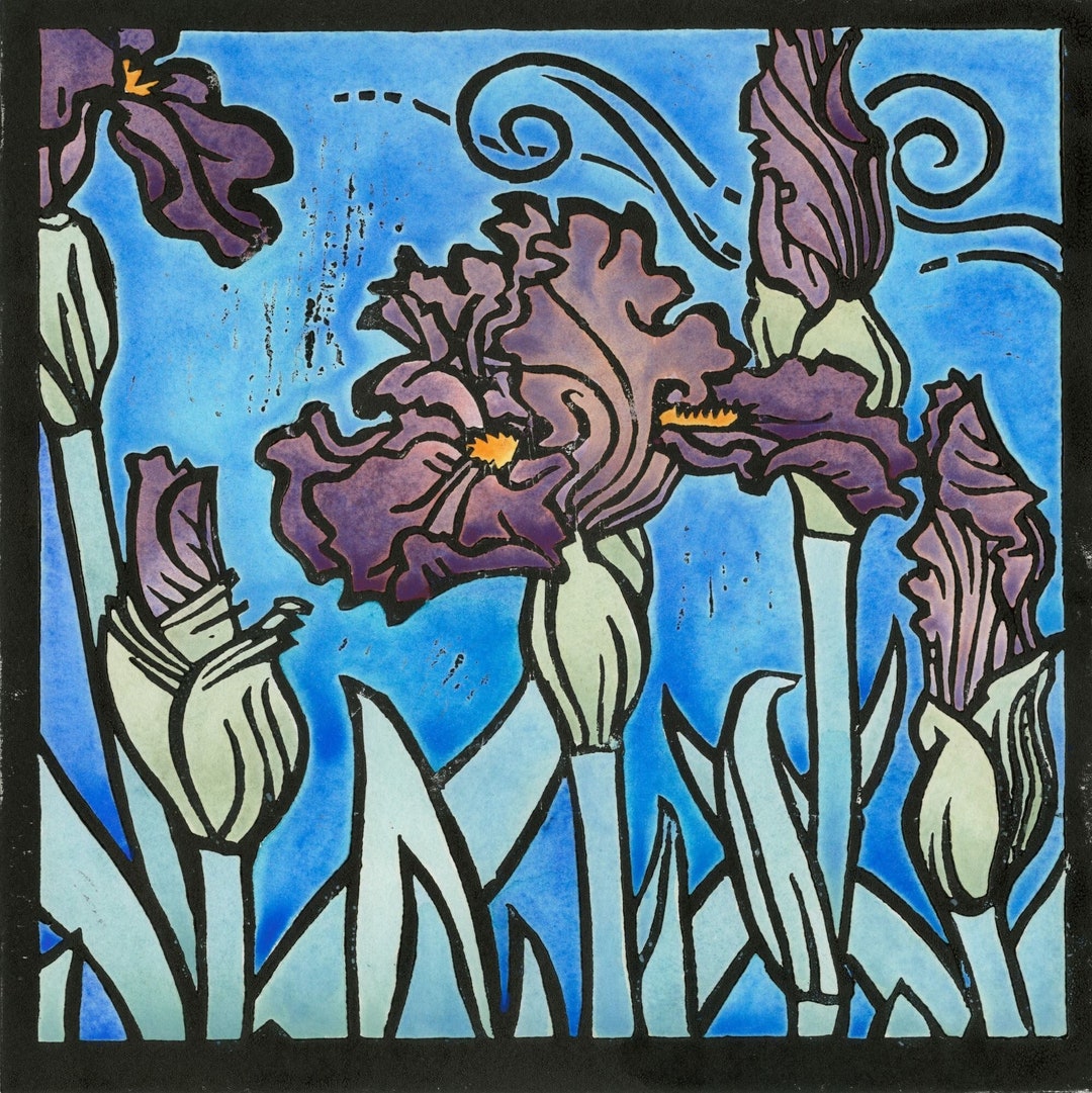 Isfahan, Iris, Linocut Card, Blank Card, Watercolour Card, - Etsy