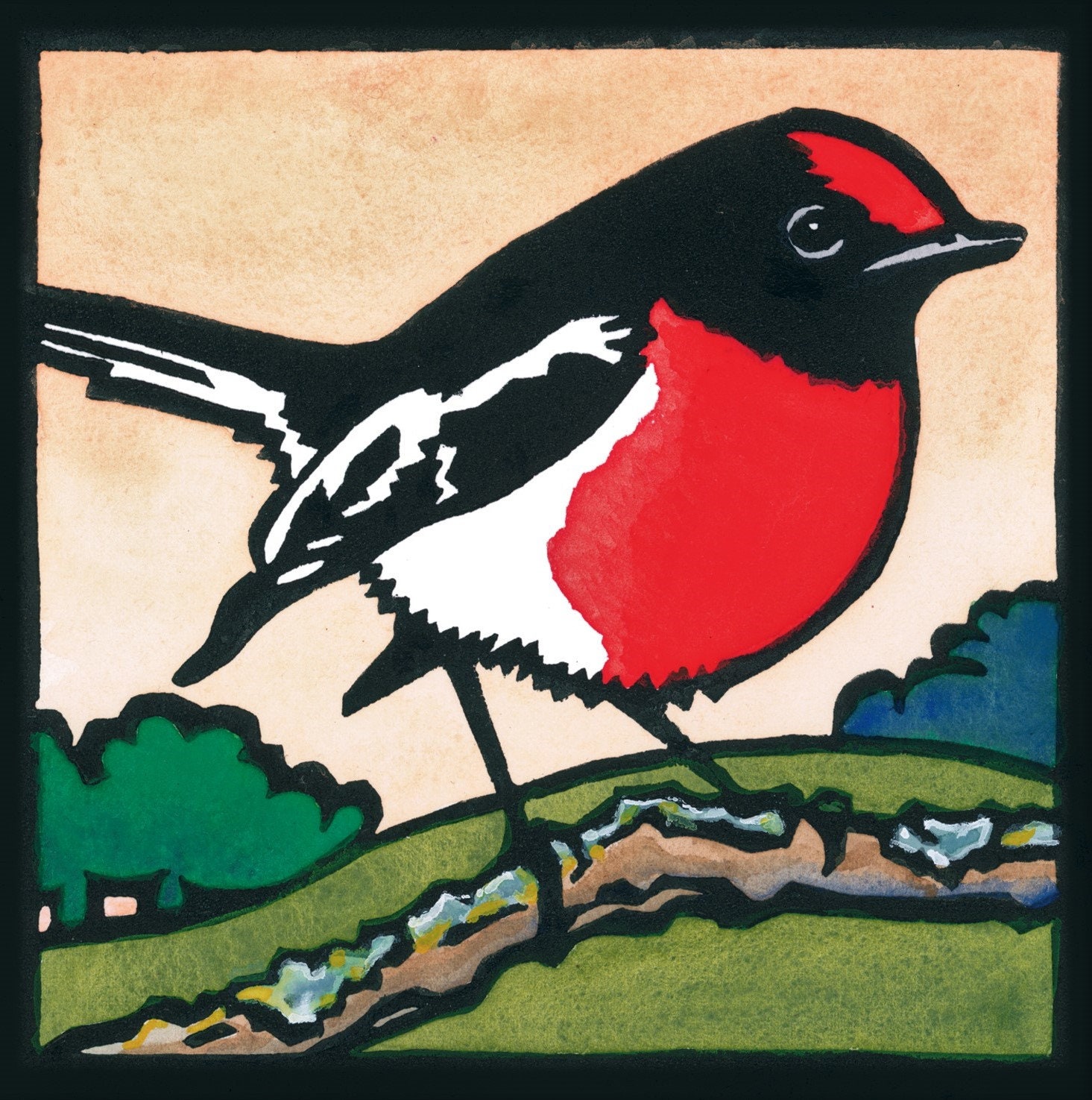 Red Capped Robin, Blank Card, Linocut Card, Watercolour Card ...