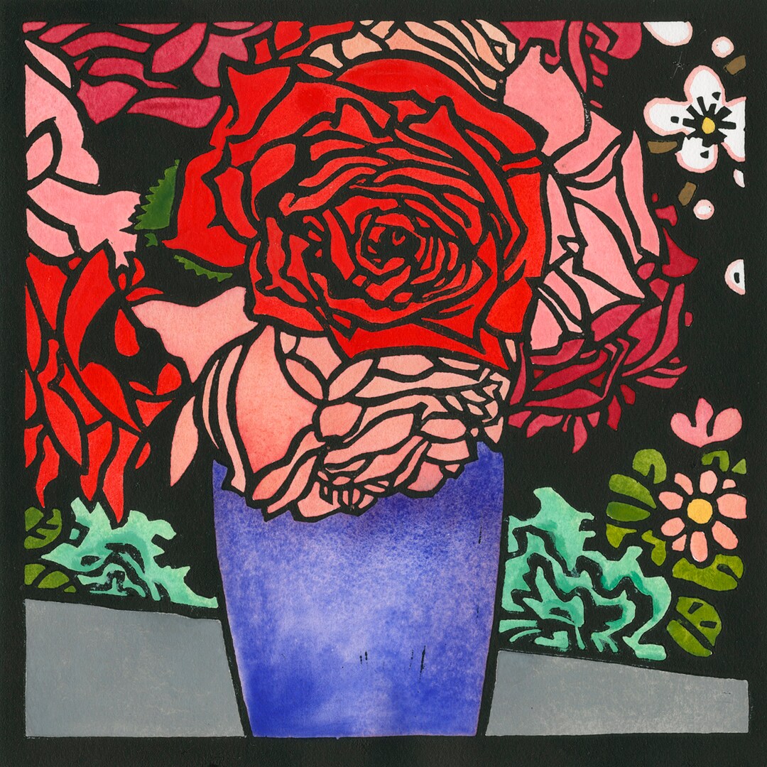 Chinese Screen, Linocut Card, Romance, Watercolour Card, Roses, Bunch ...
