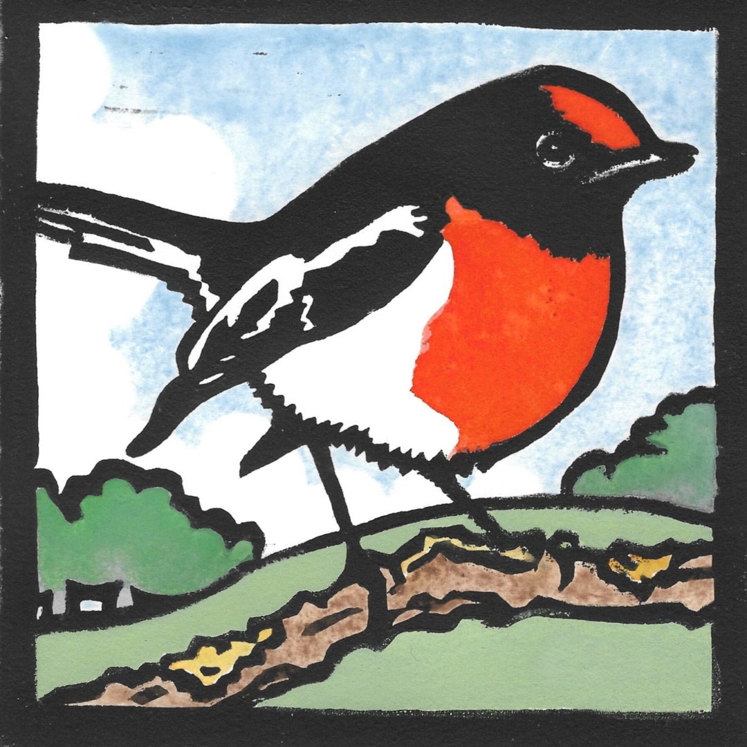 Native Robin, Original Linocut, Watercolour, Handcoloured Linocut ...