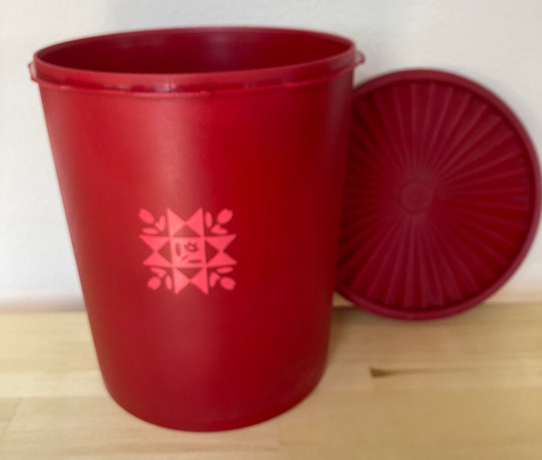 Vintage Jumbo Tupperware Pink Tulip Quilt Pattern on Cranberry Canister ...