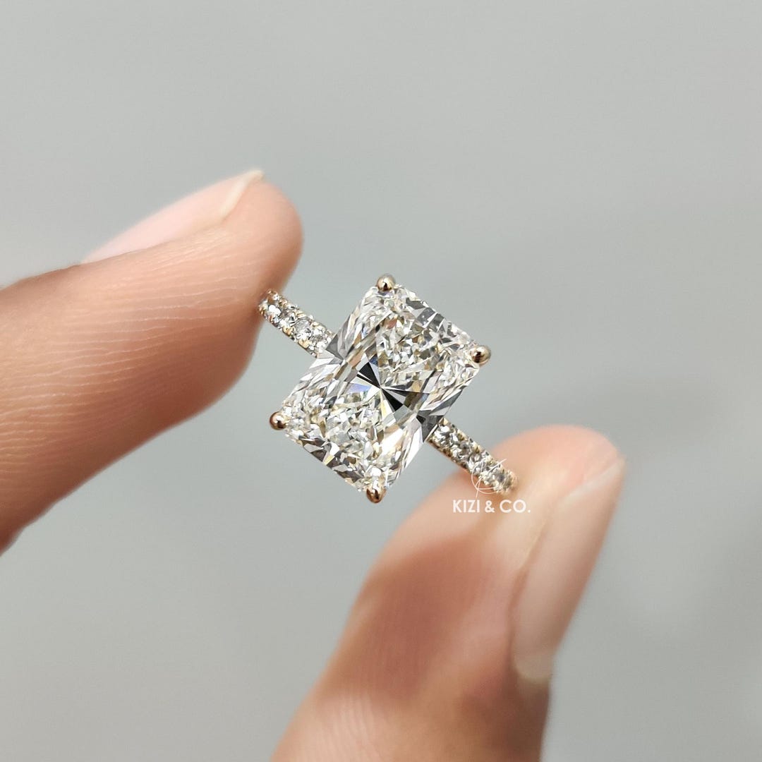 Radiant Lab Grown Diamond Wedding Ring, Radiant Cut Diamond Ring, Pave ...