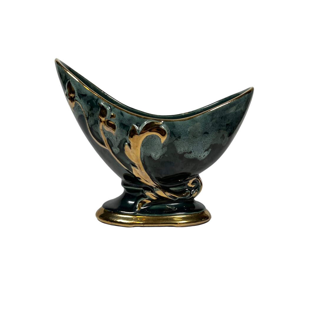 Vintage Brush Pottery Crescent Footed Bowl or Vase - Gold Trim, Dark ...