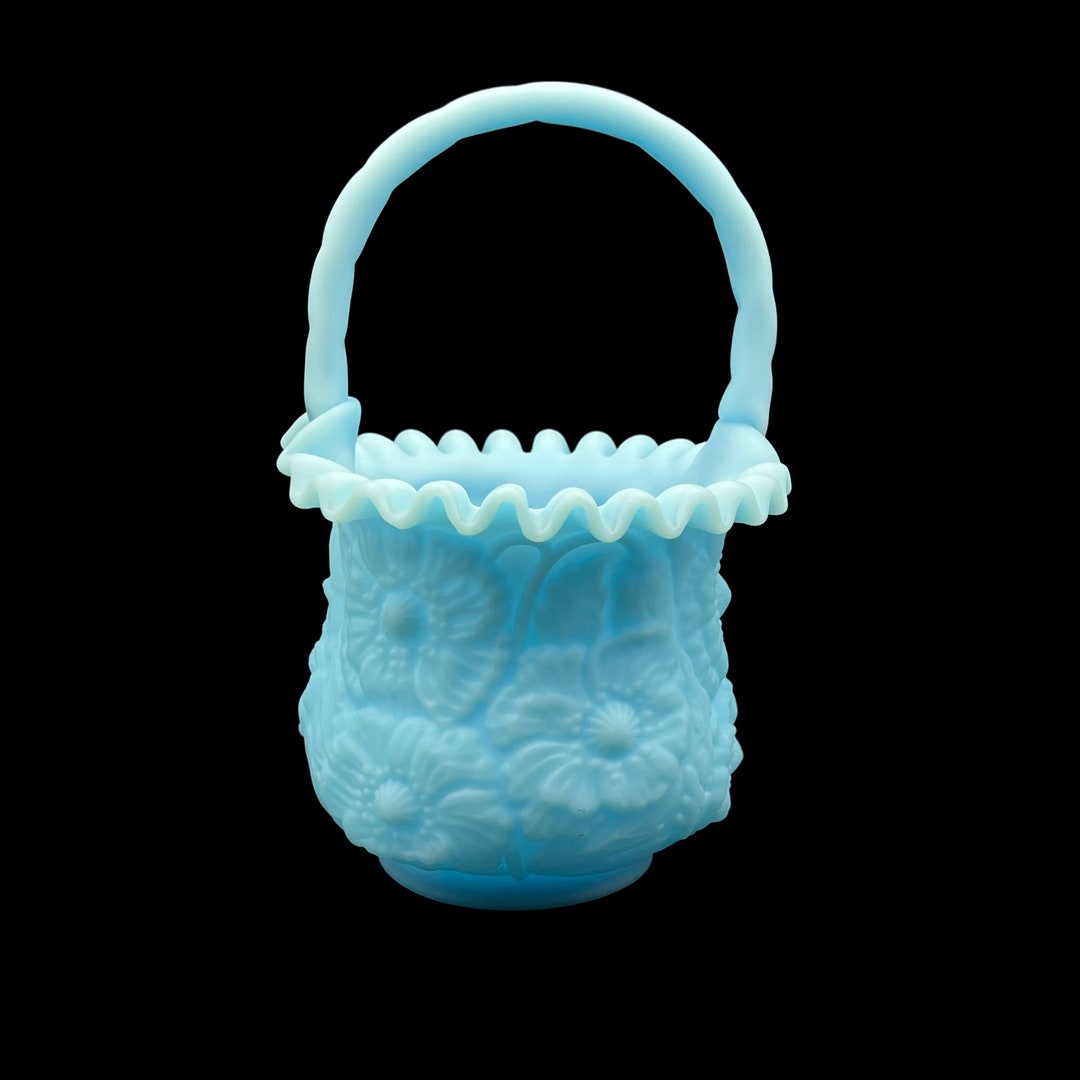 Fenton #9138 "poppy" 9" Basket in Blue Satin Glass - Etsy