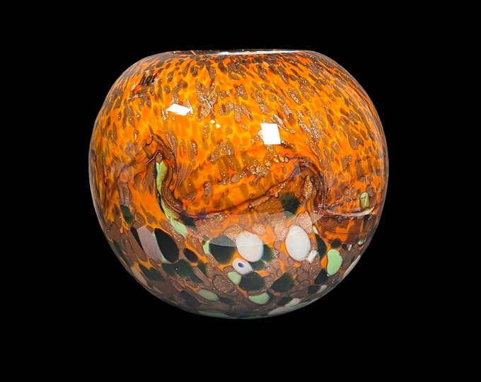 Vintage Round HQT Art Glass Vase Orange and Glittering Brown, Mottled ...