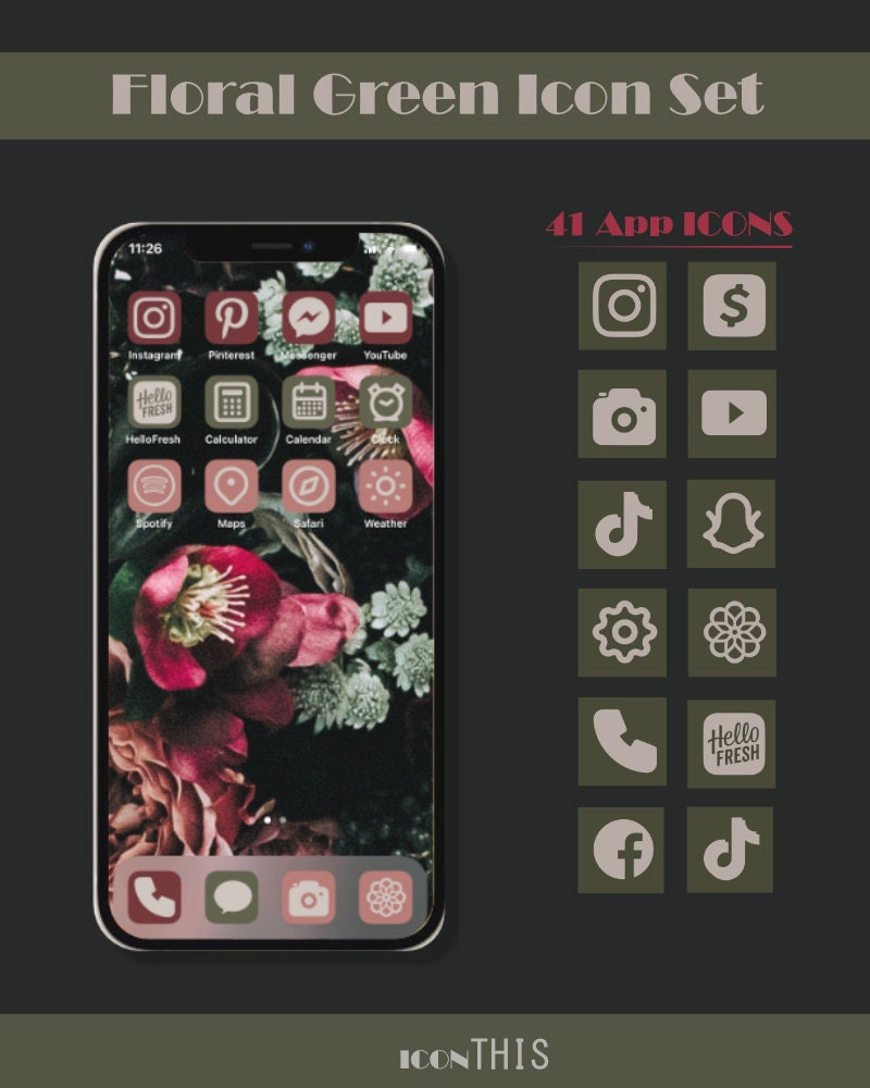 Ios 14 Minimalist 41 App Icons Pack Floral Green Flower Set, Muted ...