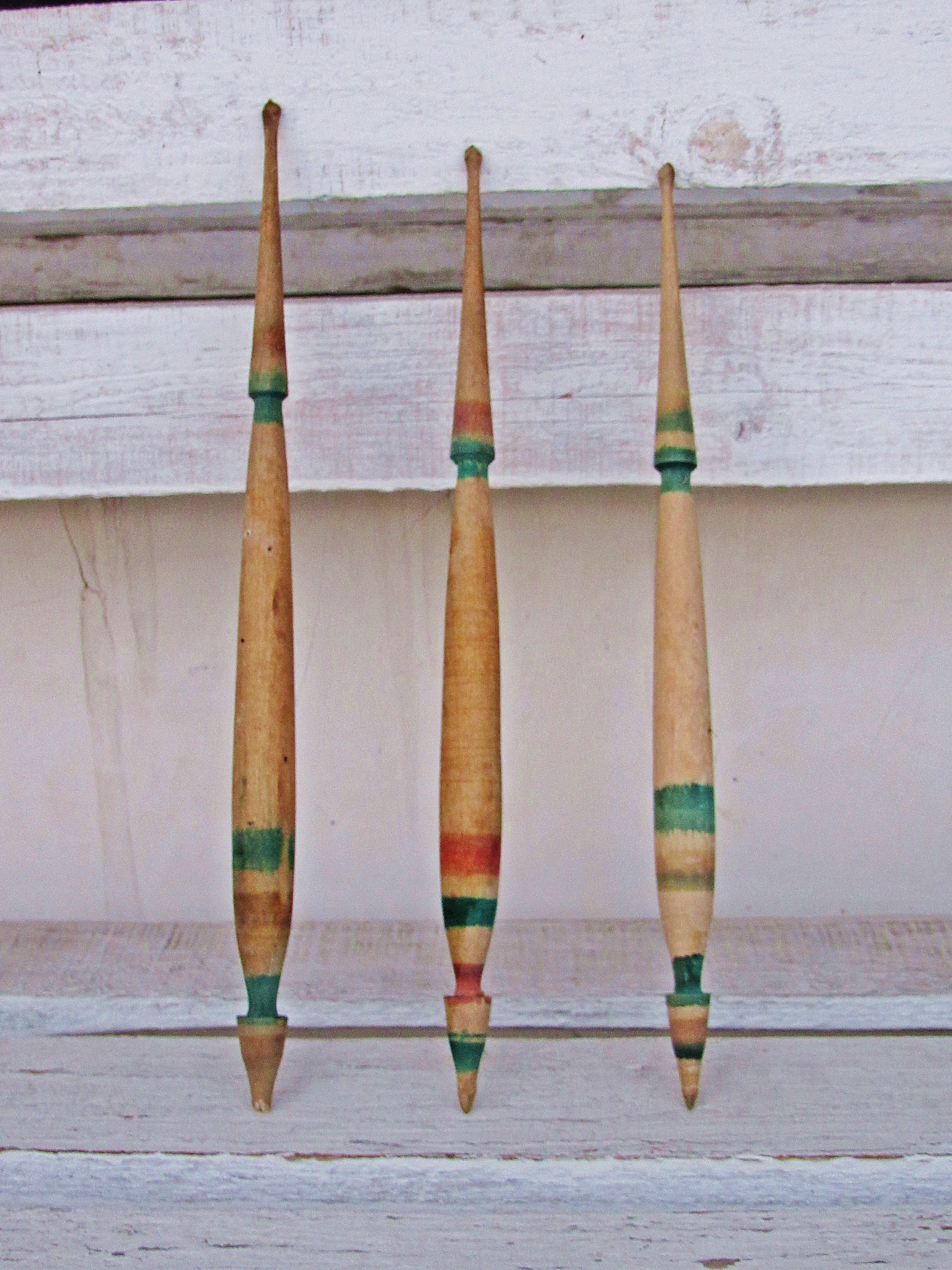 Antique Primitive Wooden Hand Carved Spindles for Weaving Wool Yarn Lot ...