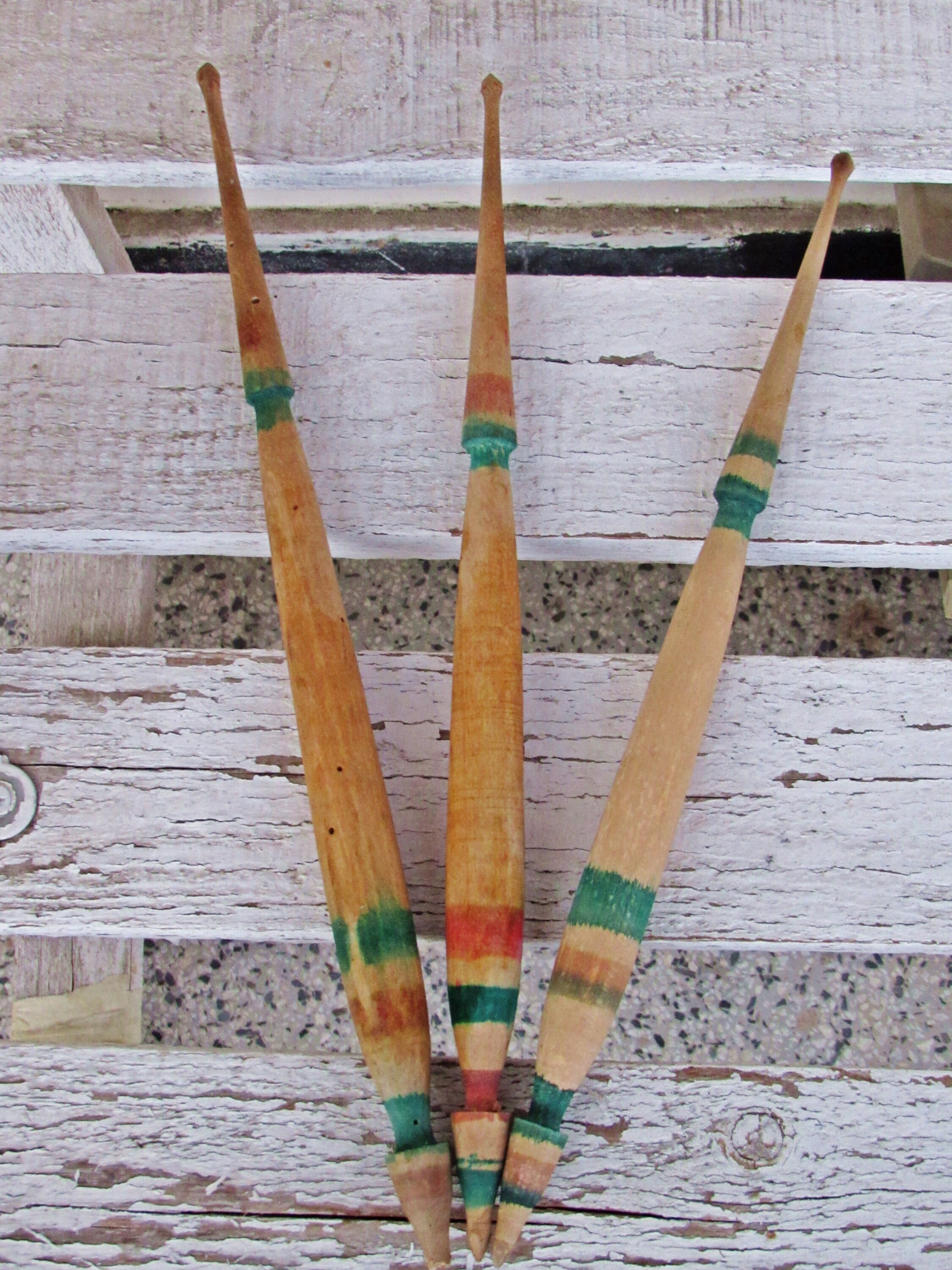 Antique Primitive Wooden Hand Carved Spindles for Weaving Wool Yarn Lot ...