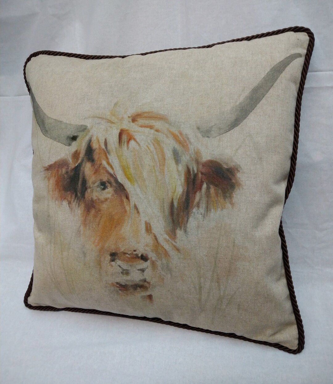HIGHLAND Cow Cushion COVER ONLY 40cm Square With Brown Piped Edging and ...