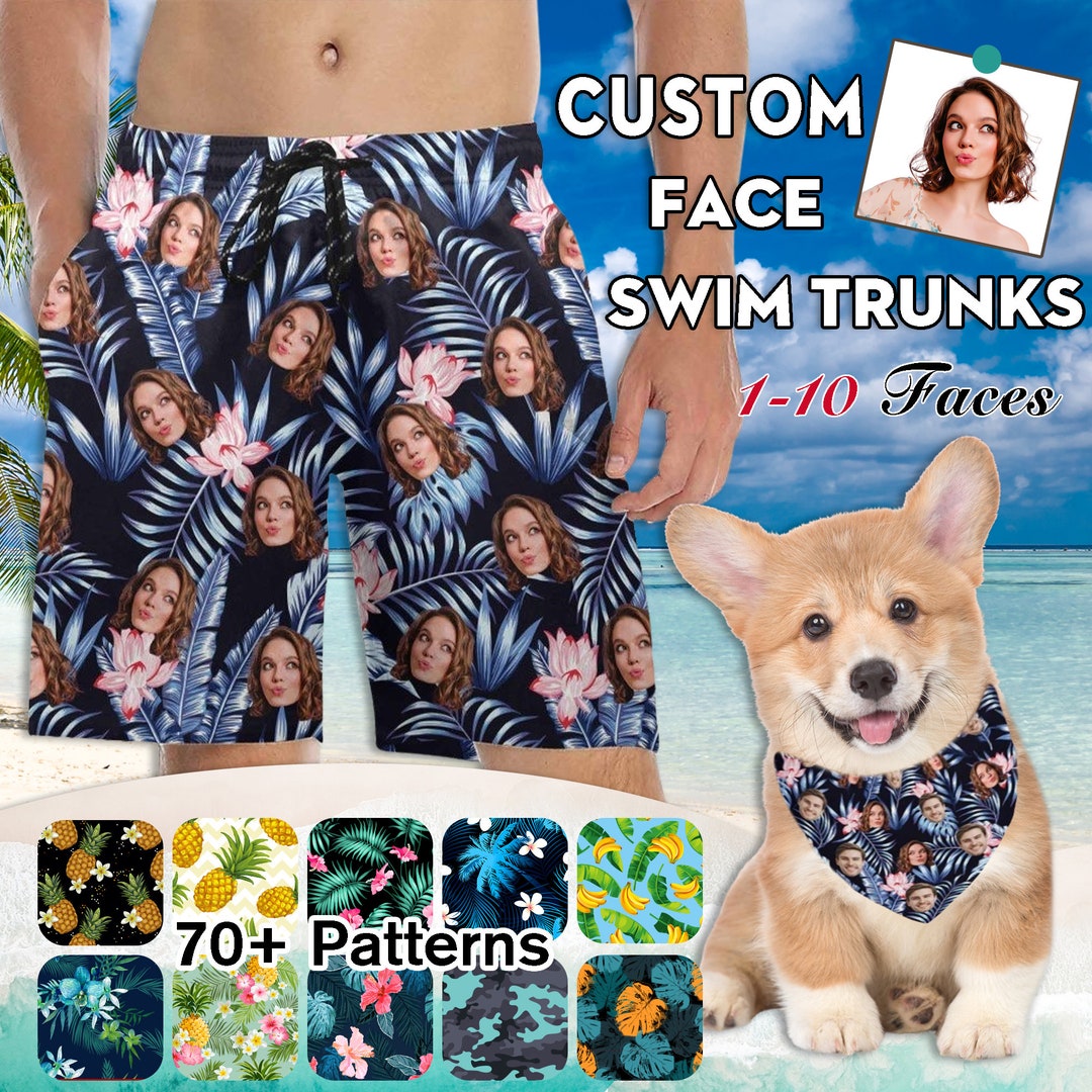 Custom Face Hawaiian Swim Trunks Dog Bandana, Custom Men Beach Shorts ...