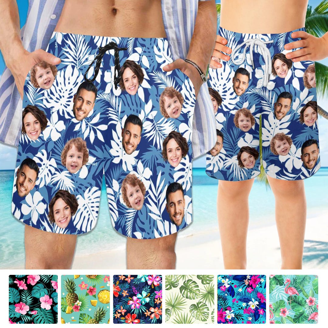 Custom Face Swim Shorts for Him, Personalized Men Hawaiian Button up ...
