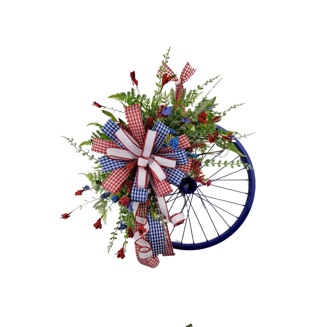 Patriotic Bicycle Wheel Wreath for Front Door, Patriotic Summer Bike ...