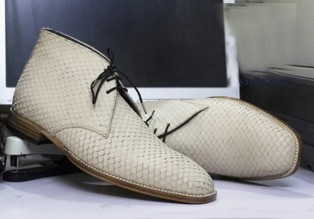 Handmade Python Skin Texture Leather Lace-up Boots | Men's Ankle Chukka ...