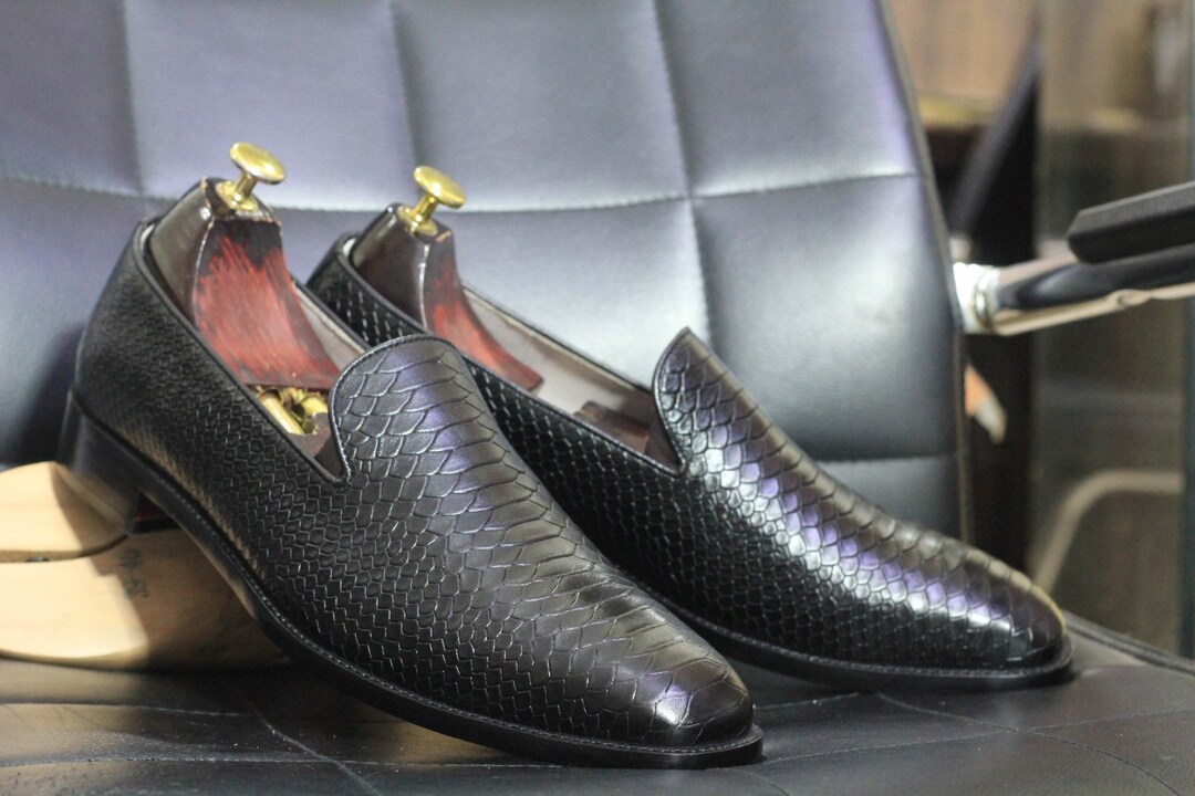 Men's Black Python Skin Texture Leather Loafer, Handmade Moccasin ...