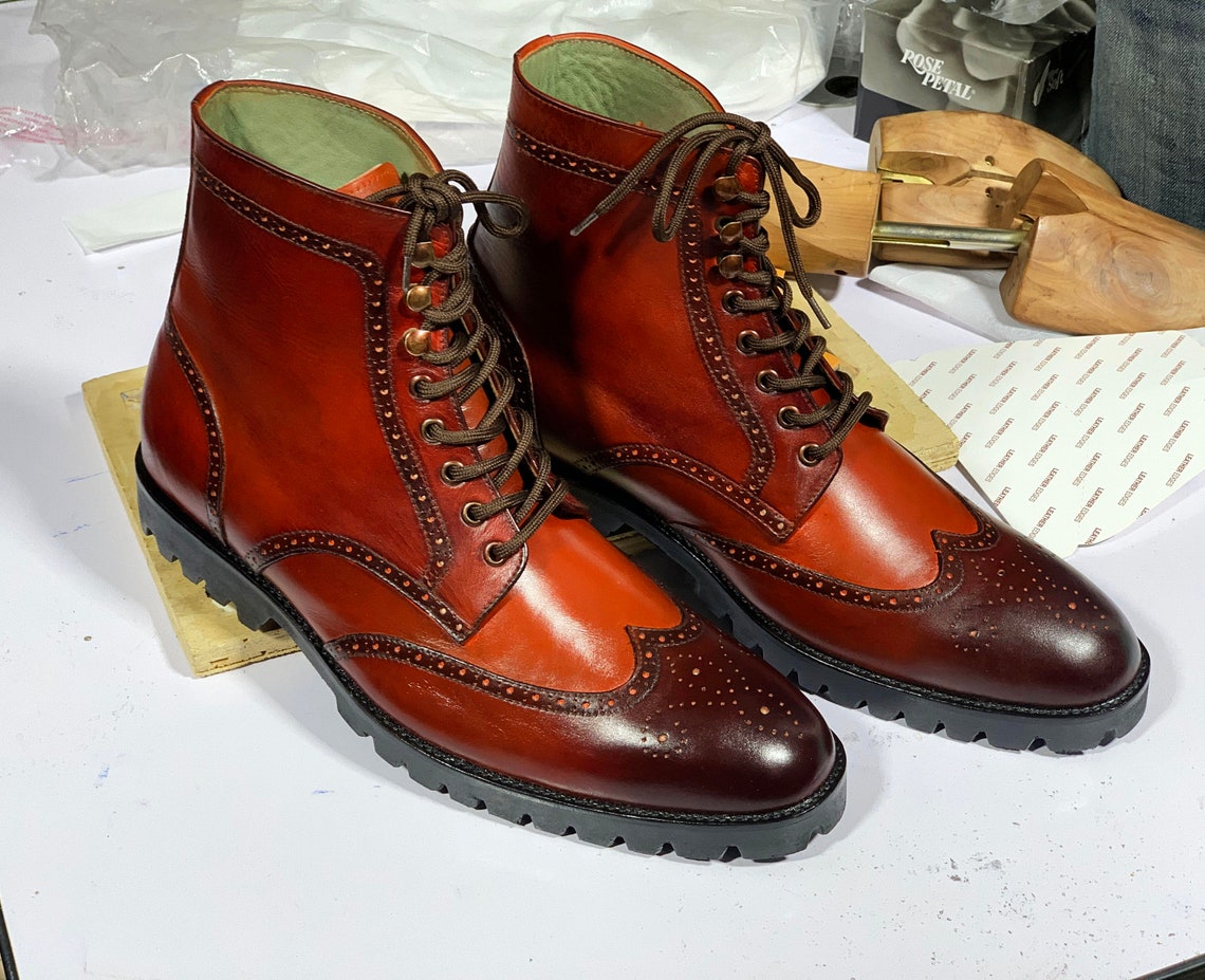 Handmade Burgundy Leather Wing Tip Brogue Digger Boots - Etsy