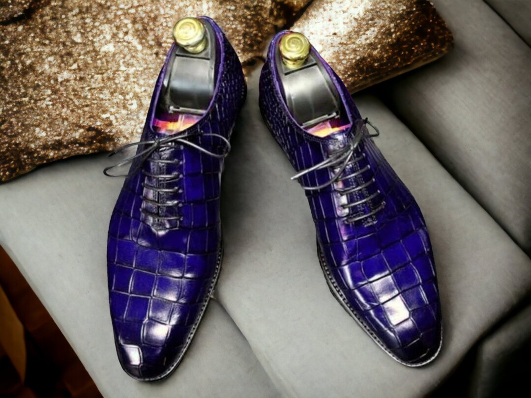 Handmade Blue Whole Cur Lace up Alligator Skin Texture Leather Shoes - Etsy