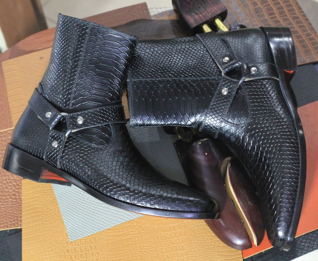 Handmade Ankle High Pure Black Leather Madrid Strap Boot, Men's Zipper ...