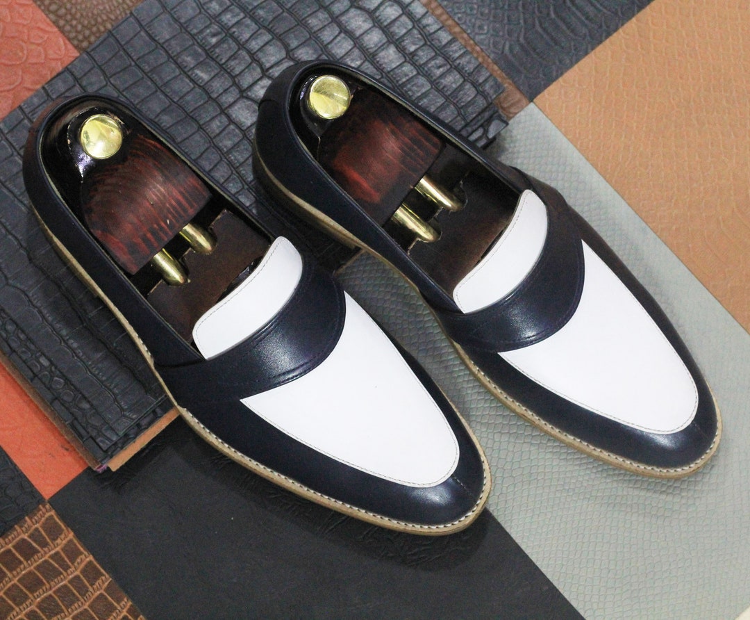 Bespoke Handmade Black White Leather Loafers for Men, Formal Dress Slip ...