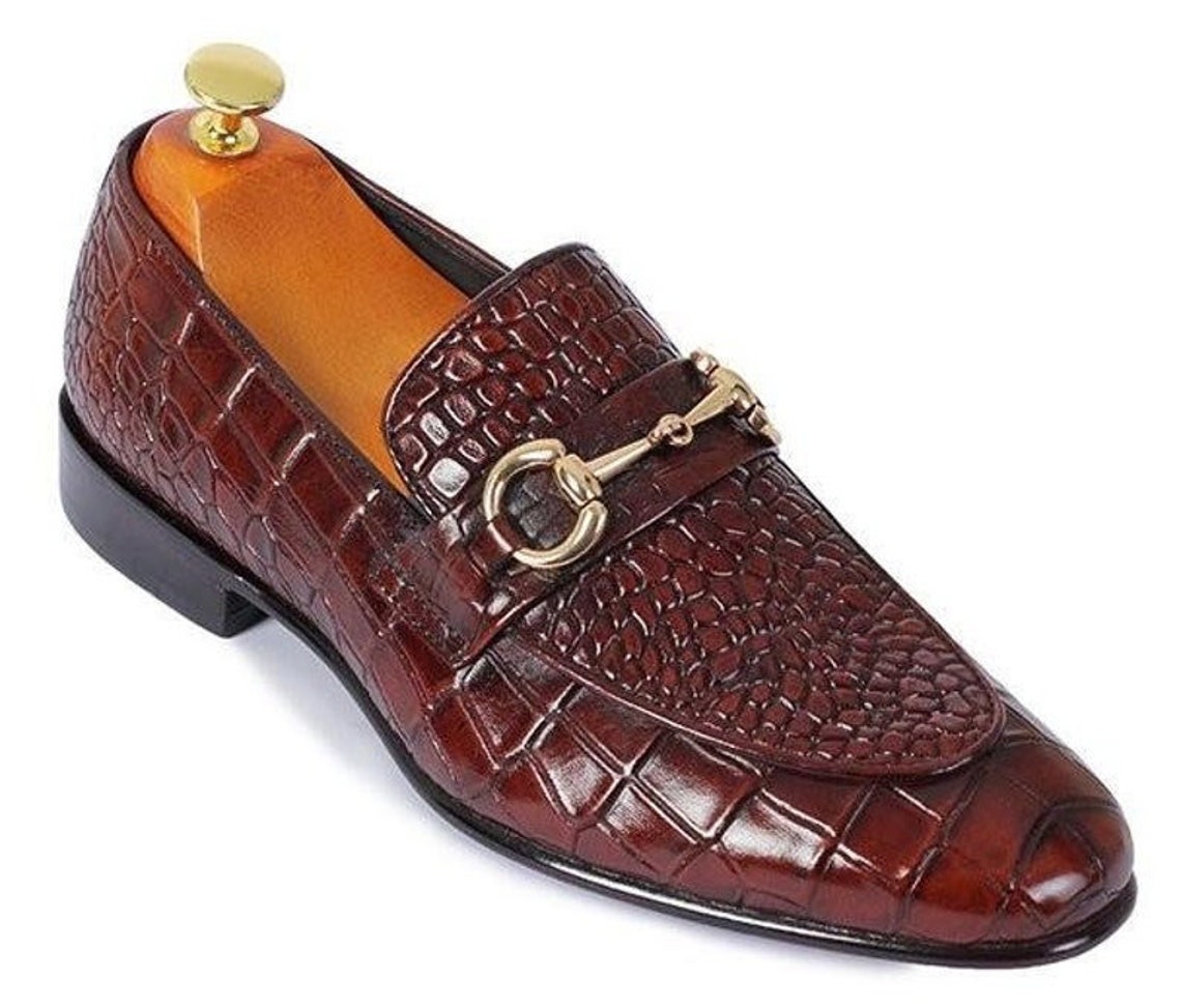 Bespoke Handmade Alligator Texture Leather Loafers Brown | Etsy