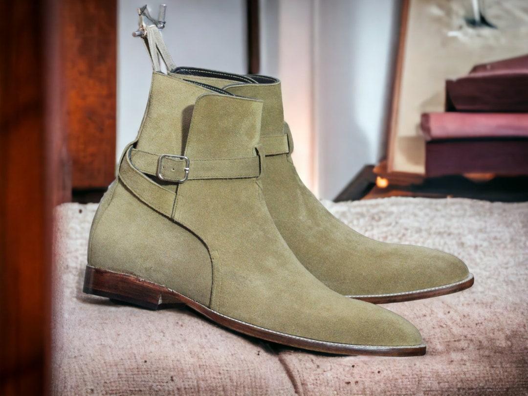 Men's Ankle High Suede Boot, Handmade Beige Suede & Leather Boot, Pure ...