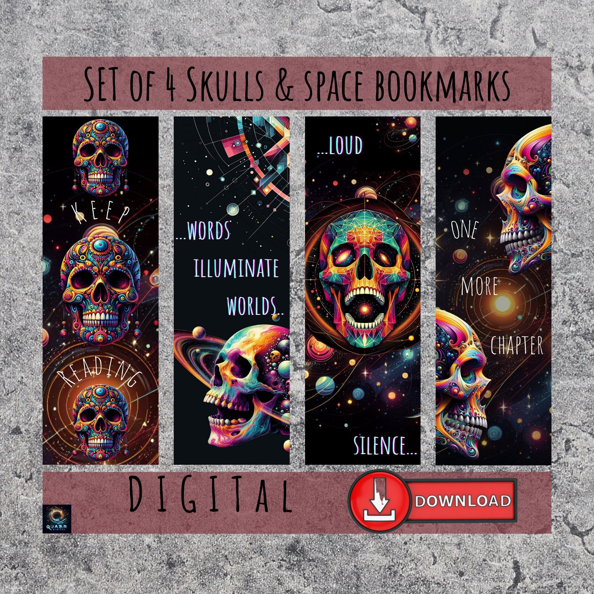 Skulls and Space Printable Bookmarks Set of 4, Black Bookmarks, Digital ...