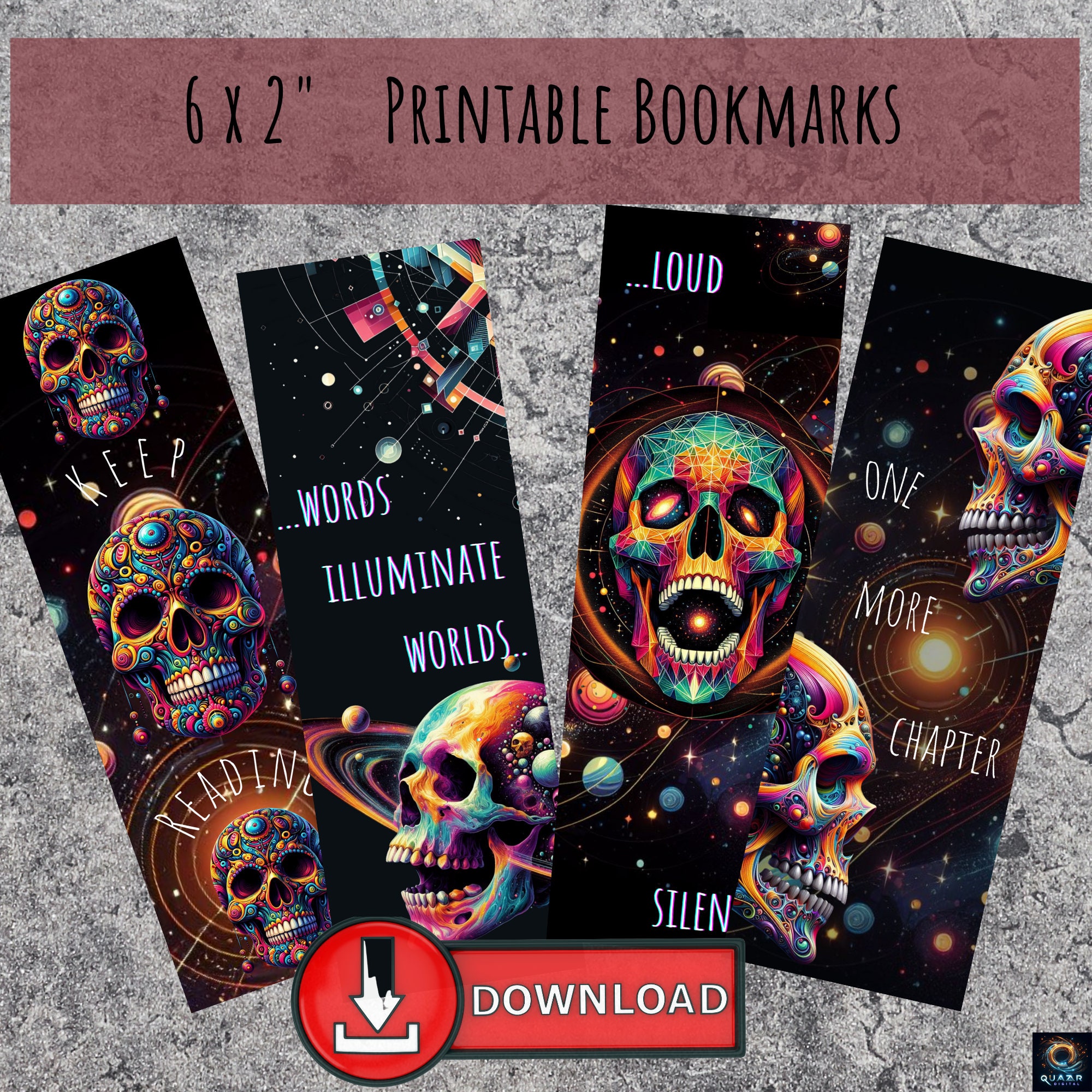 Skulls and Space Printable Bookmarks Set of 4, Black Bookmarks, Digital ...