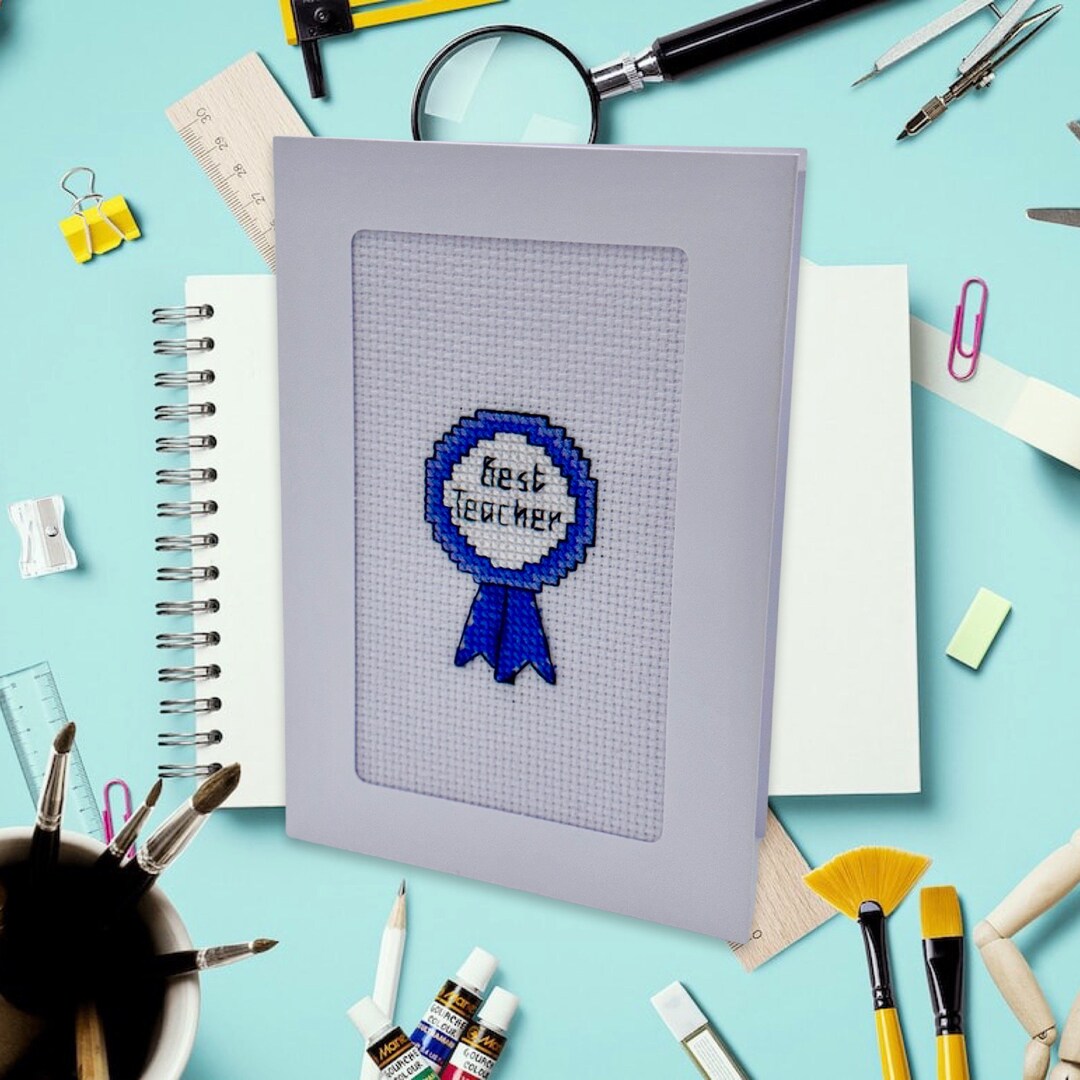 Best Teacher Ribbon School Cross Stitch Card - Etsy