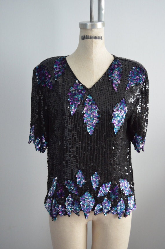 Bejeweled Sequined Scalloped Leaves Edge Top Blouse S… - Gem