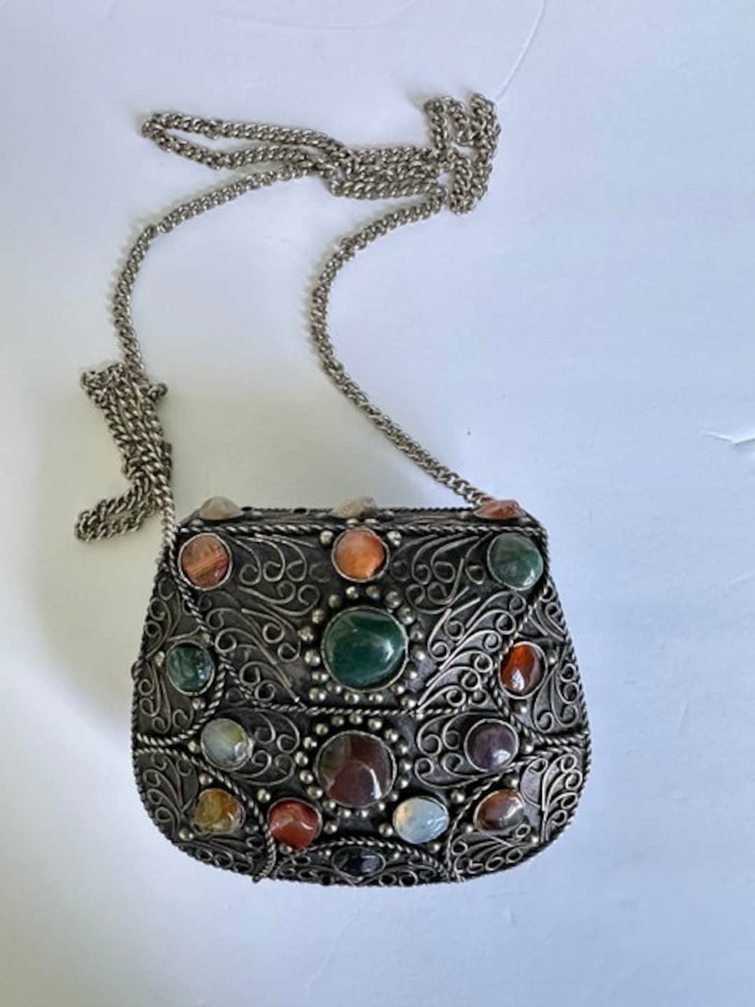 Vintage Sajai Silver Metal Purse Handcraft Genuine Gemstones Agates ...