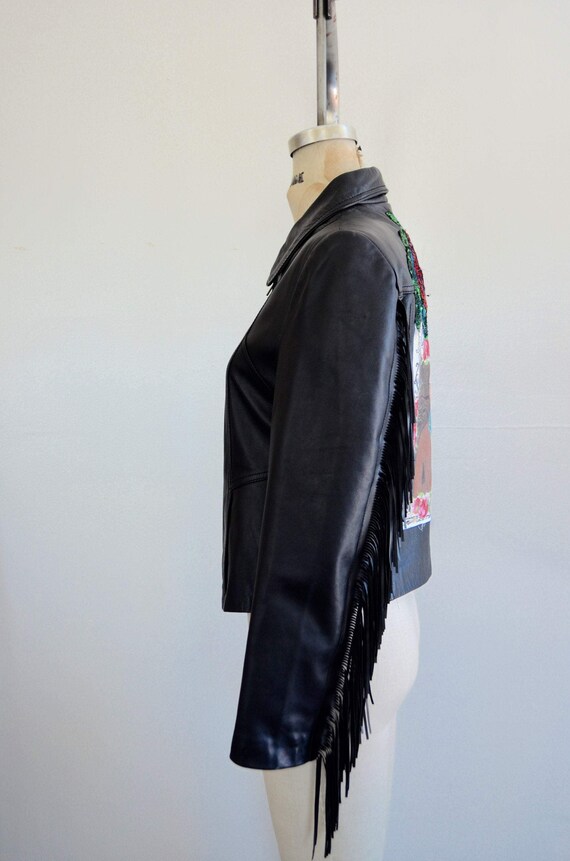 1990S Leather Fringe Moto Bike Frida Khalo Pink Roses… - Gem