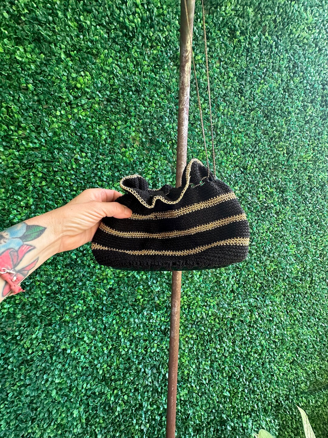 1950s Black and Gold Crochet Purse With Plastic Bottom Rockabilly Purse ...