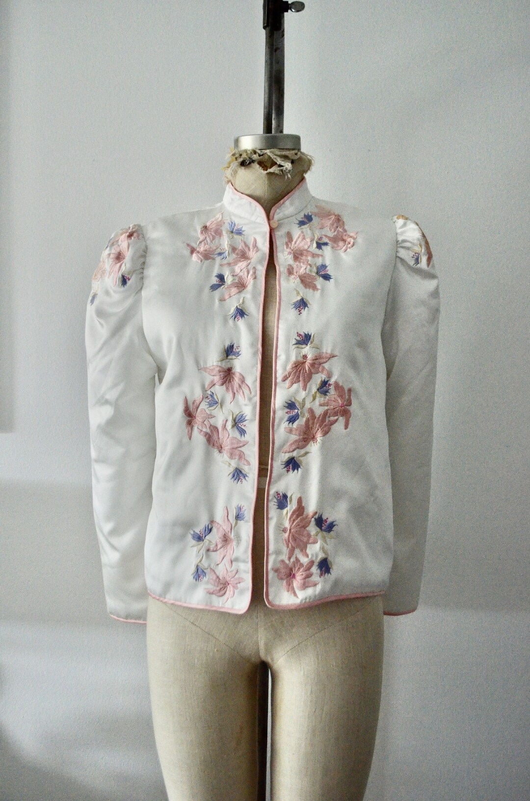 Off White Boho Cropped Puffer Sleeve Quilted Jacket Embroidery Retro ...