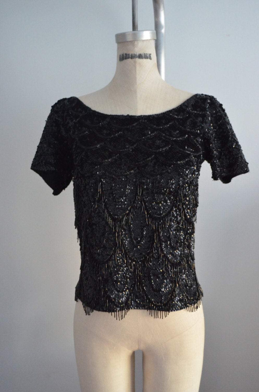 1960S Jo Ro Imports Black Sequined Beaded Fringe Top Handicraft Cropped ...