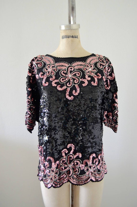 Raglan Black Floral Pink Roses Arabesque Design Sequi… - Gem