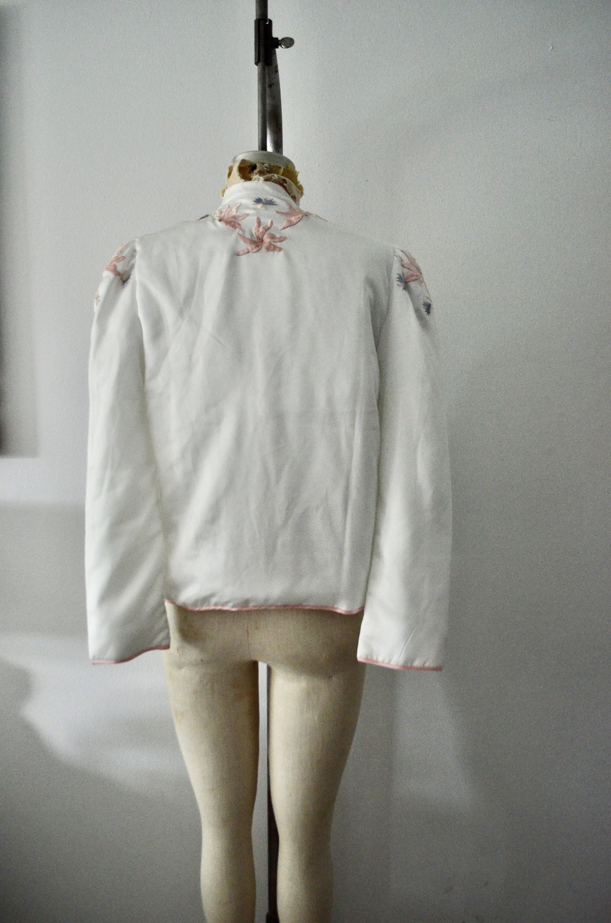 Off White Boho Cropped Puffer Sleeve Quilted Jacket Embroidery Retro ...