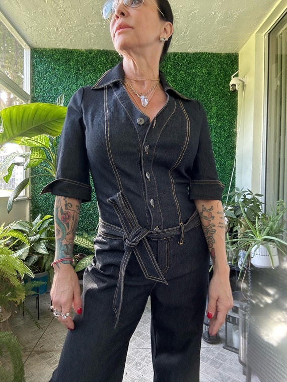 1990s Y2Y Dark Denim Jumpsuit BISOU BISOU Tie Waist W… - Gem