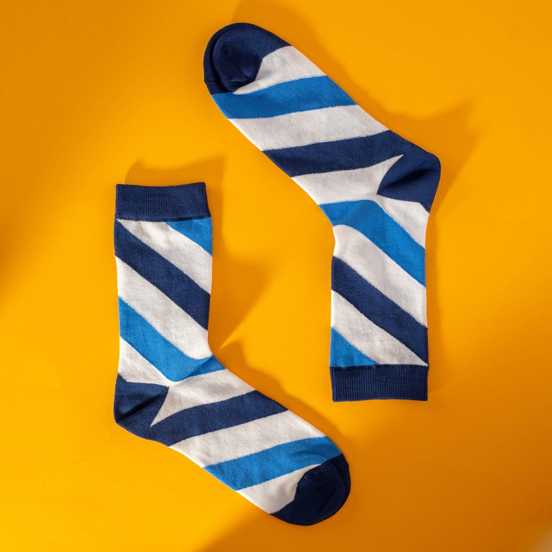 Men's Blue and White Striped Pattern Socks | Novelty Fun Colourful ...