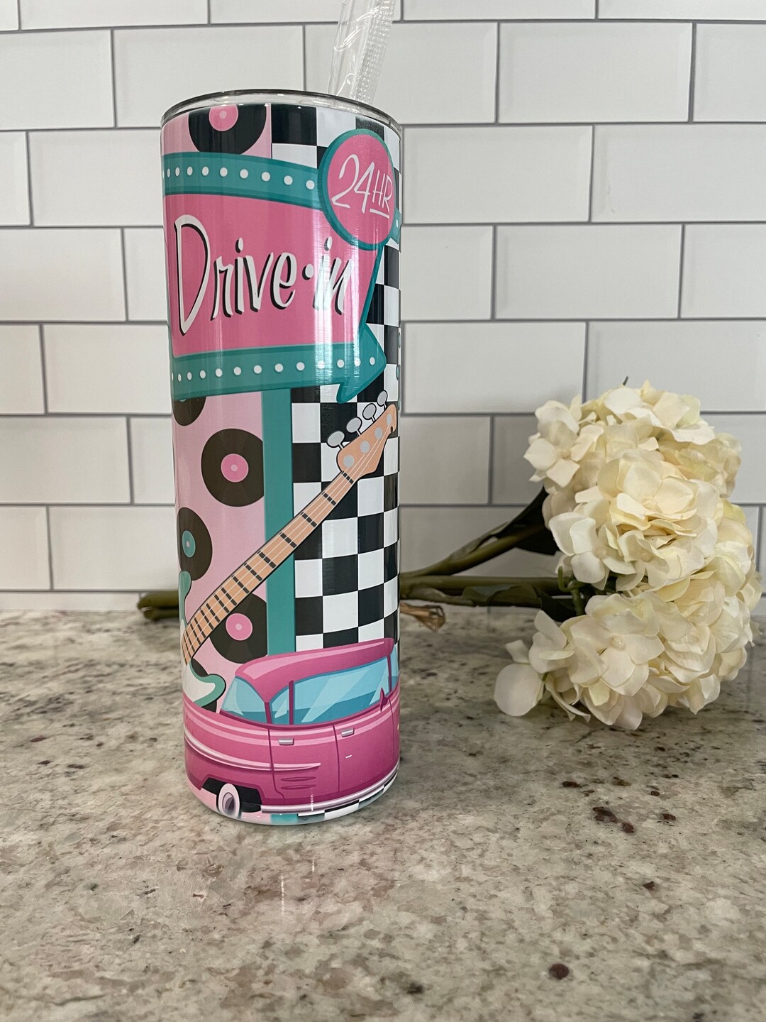 Retro Theme Pink Cadillac Drive in 20 Oz Skinny Tumbler - Etsy