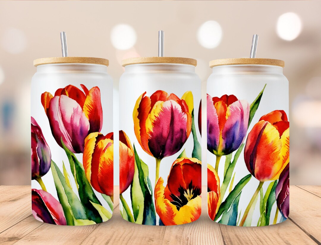 Tulips Sublimation Template for 16oz Libbey Can, Tulip Garden Template ...